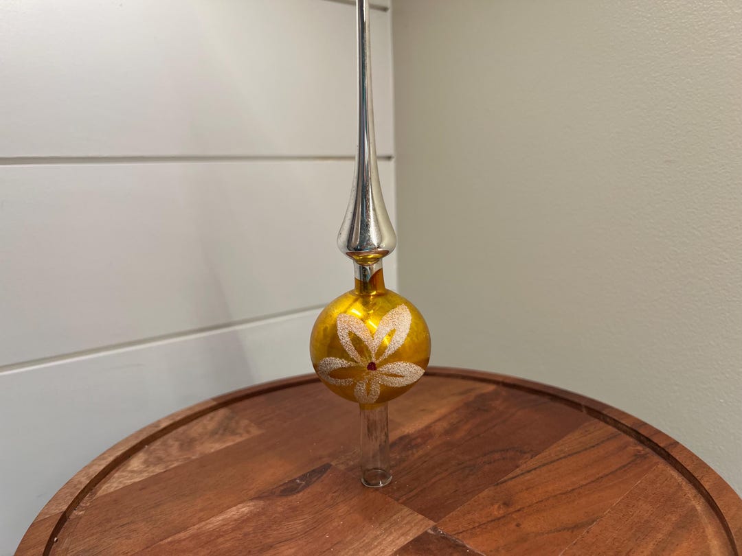 Vintage Glass Tree Topper — 11.5”, Gold With Hand Painted Flower. Vintage Christmas - Etsy