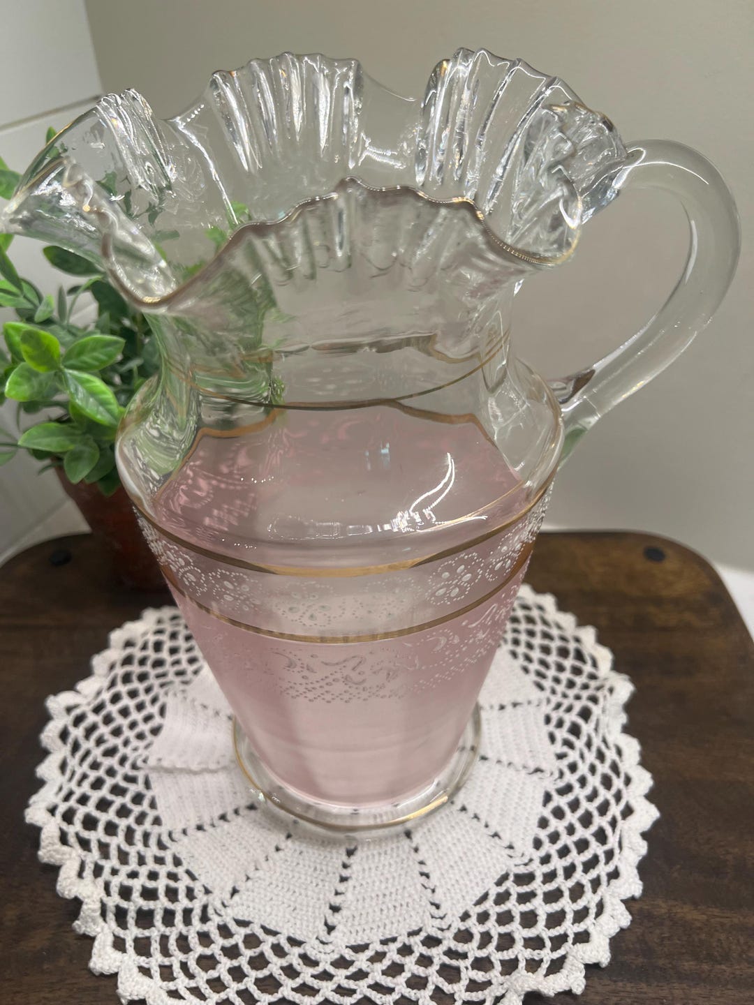 Vintage Hand Painted Glass Pitcher With Ruffled Top, Vintage Pink Glass ...