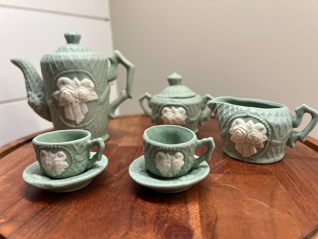 Vintage Miniature Sage Green Tea Set With Rosebud Accents, 9 Piece Mini ...