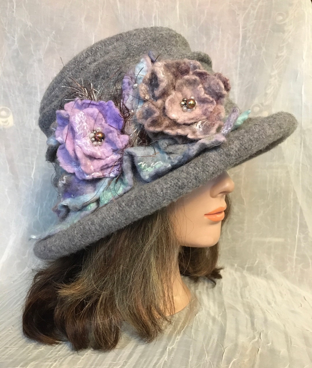 Ooak Boiled Wool Grey Gray Basket Hat Wet Felted Felted Flower Wool ...