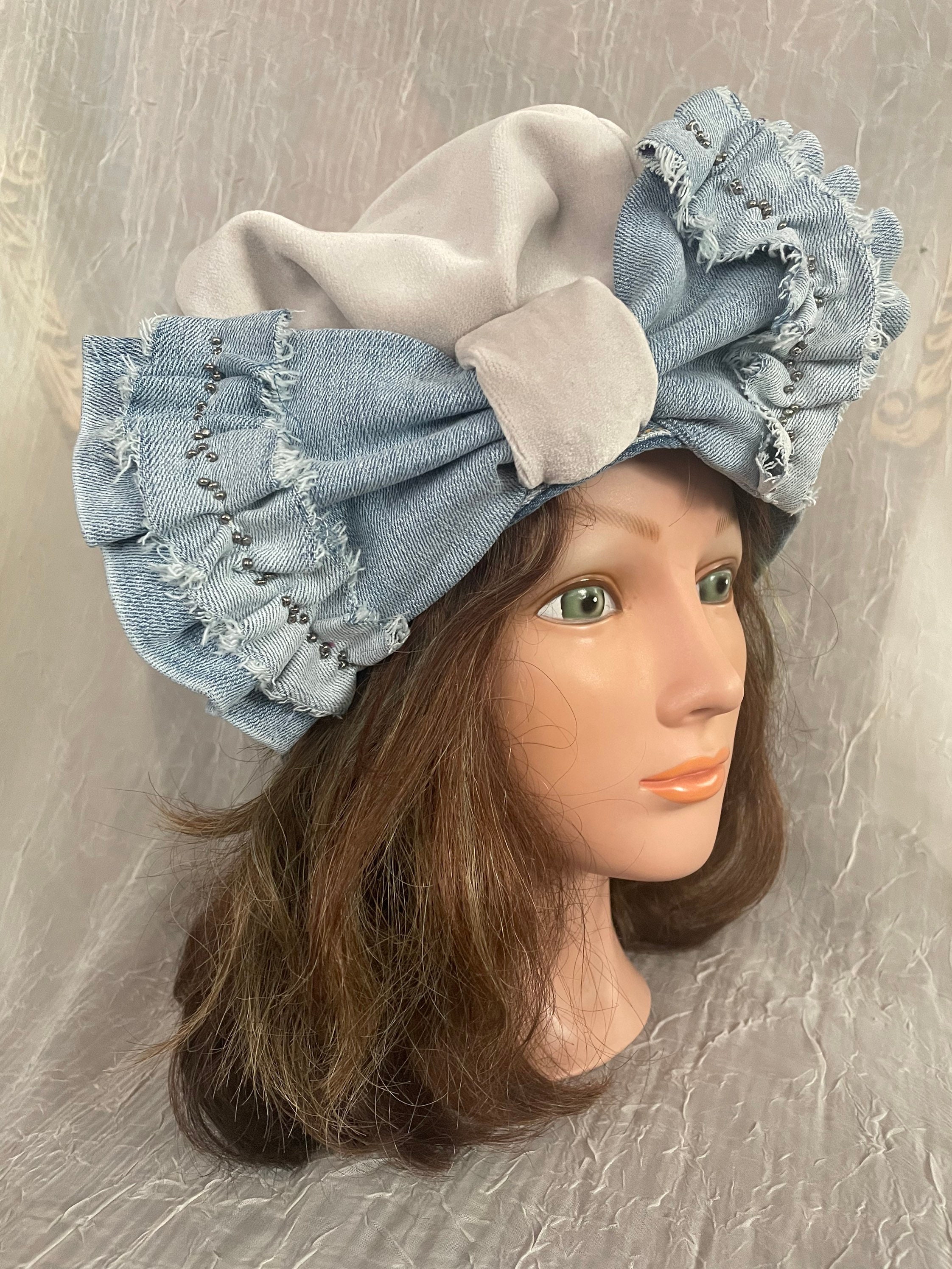 Velour Toupee With Blue Denim Bow Reused Recycled Denim Beret Blue ...