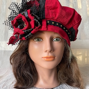 Ooak Designer Beret Hat Red Denim Red Black Poppy Flower Tatiana123 - Etsy