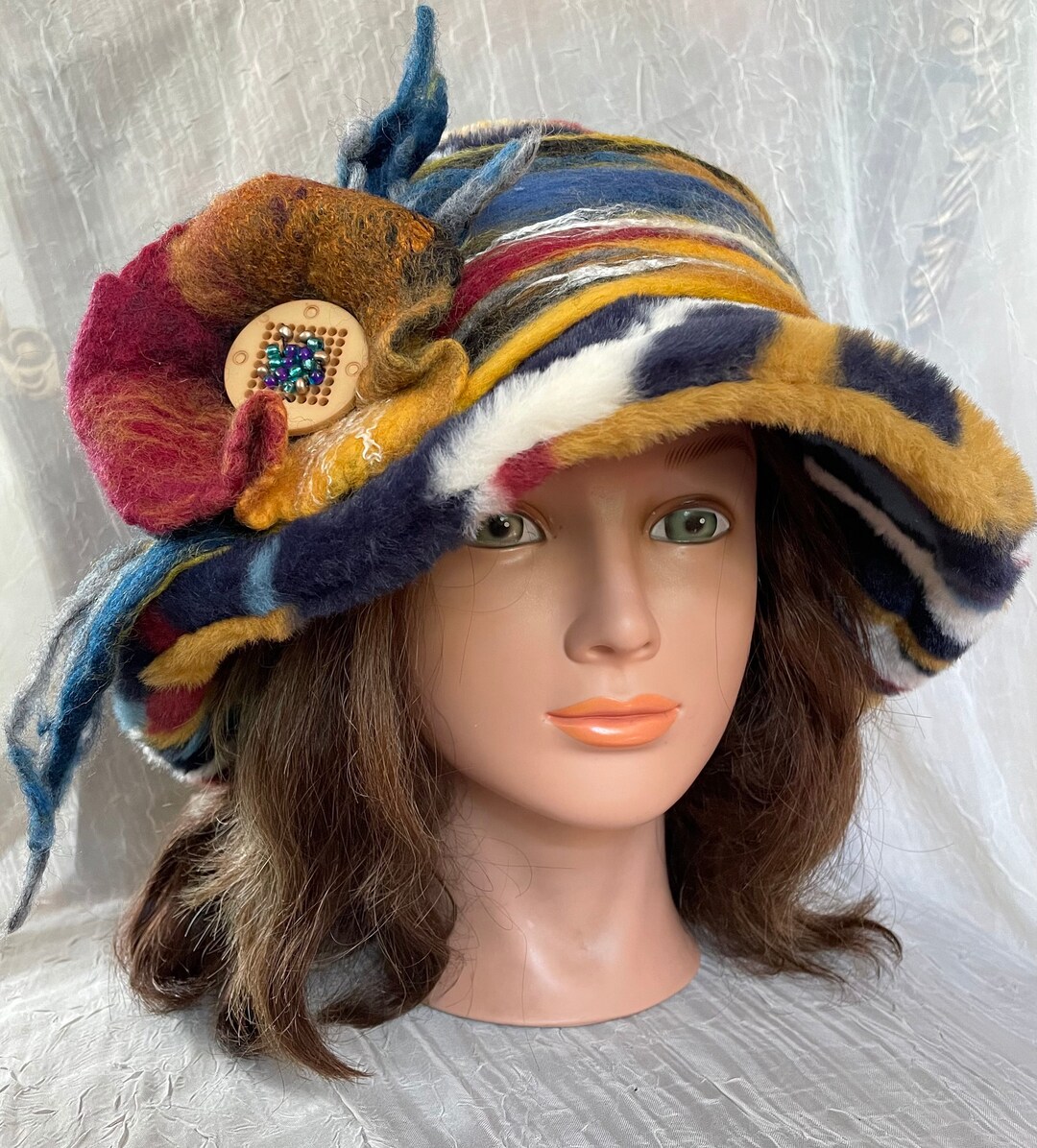 Bucket Hat in Fall Colors With Wet Felted Flowers Warm Hat Tatiana123 ...