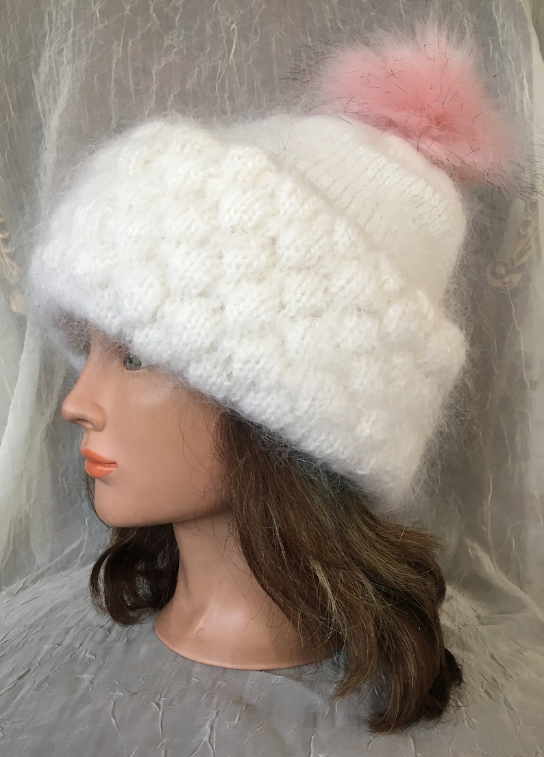Warm Winter Hat Pink Pom Pom Ski Winter Hat Wool Mohair Goat Down ...