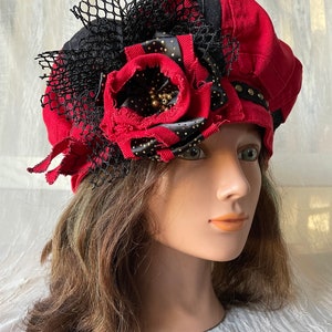 Ooak Designer Beret Hat Red Denim Red Black Poppy Flower Tatiana123 - Etsy