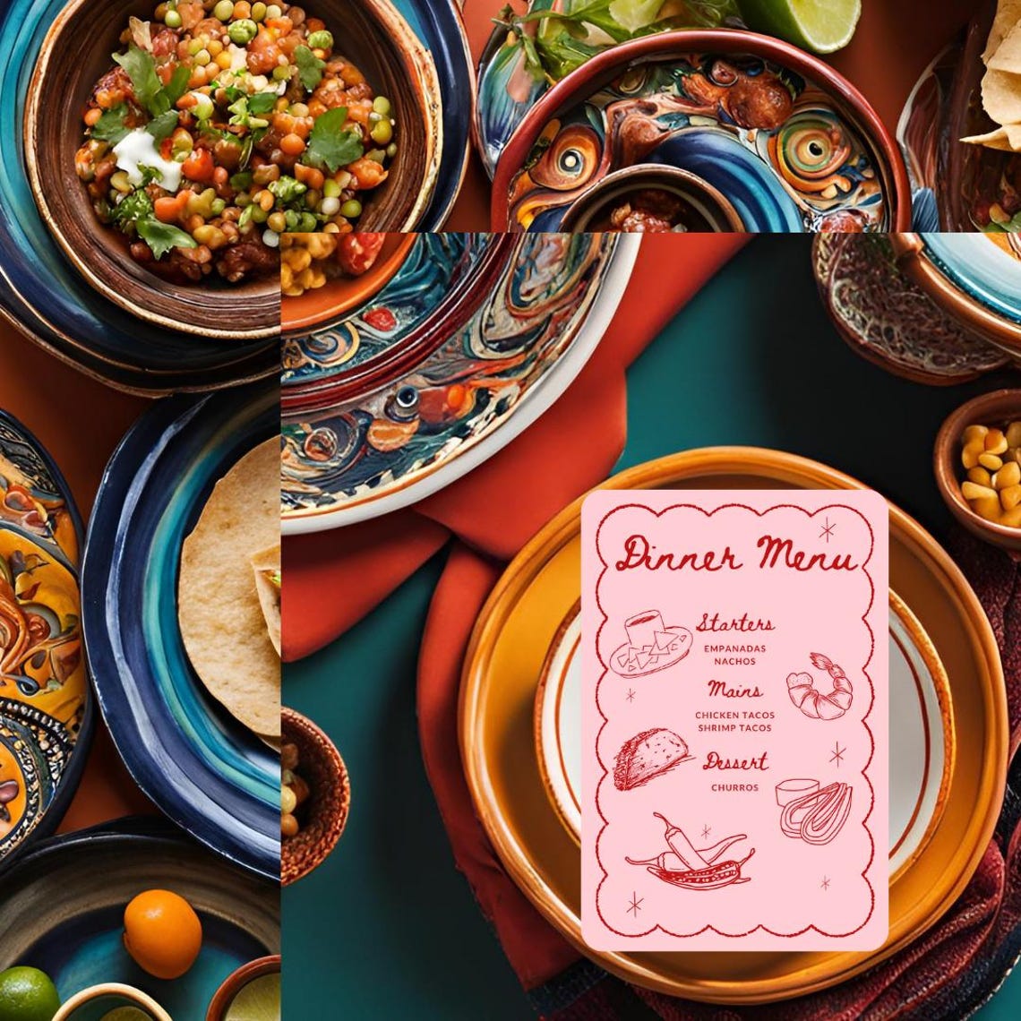 Mexican Night Inspired Invitation Dinner & Drinks Menus, Themed Dinner ...