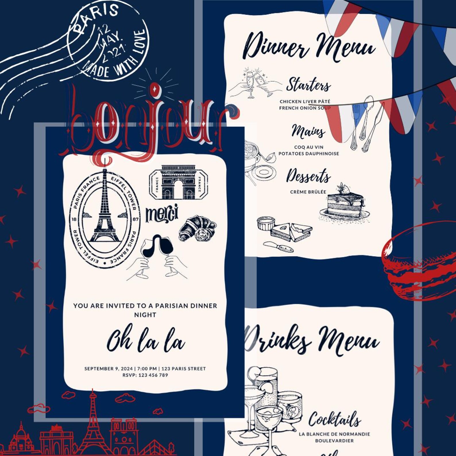 Parisian Night Inspired Invitation Dinner & Drinks Menus, Themed Dinner ...