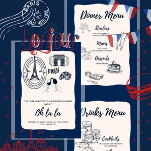 Parisian Night Inspired Invitation Dinner & Drinks Menus, Themed Dinner ...