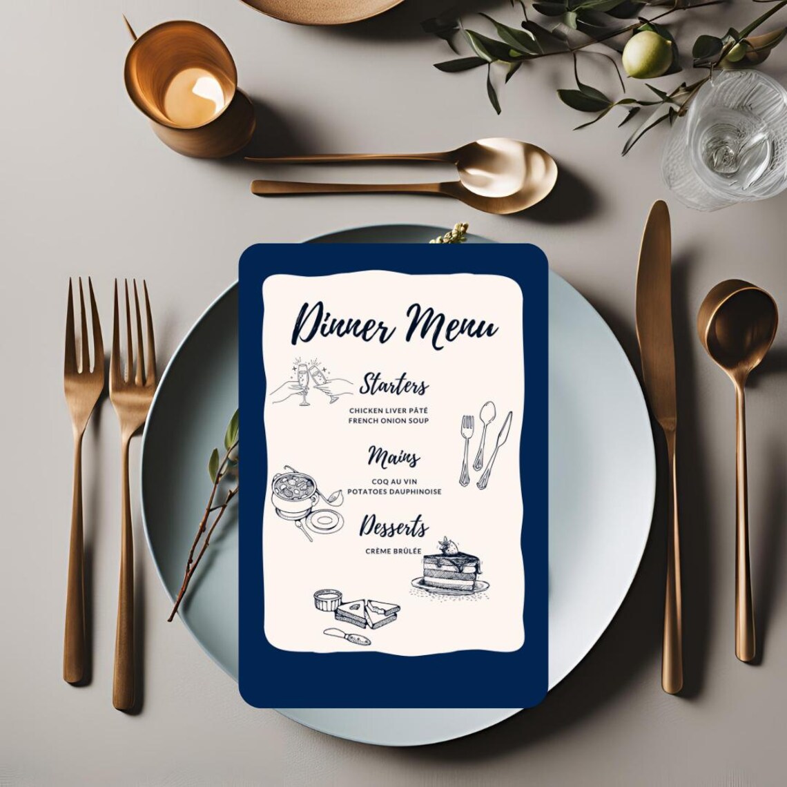 Parisian Night Inspired Invitation Dinner & Drinks Menus, Themed Dinner ...