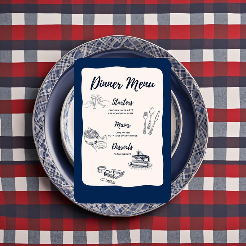 Parisian Night Inspired Invitation Dinner & Drinks Menus, Themed Dinner ...