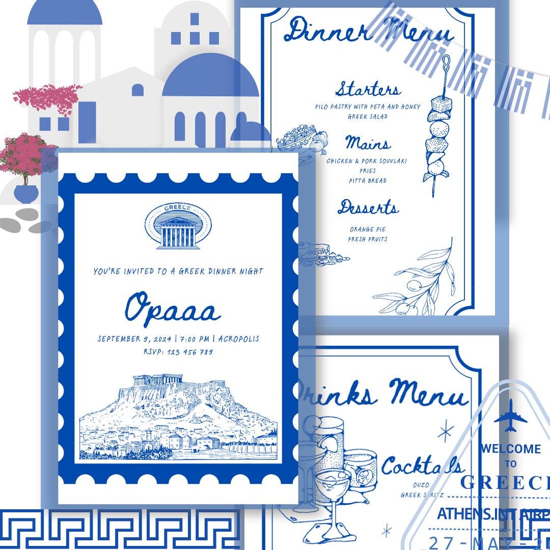 Greek Dinner Party Invitation & Menu Templates (digital Download) - Etsy