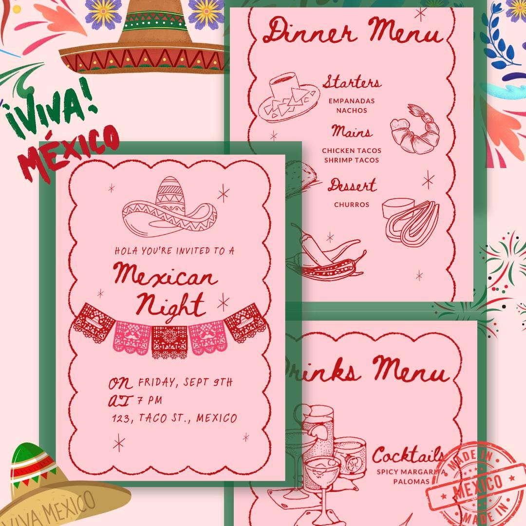 Mexican Night Inspired Invitation Dinner & Drinks Menus, Themed Dinner ...