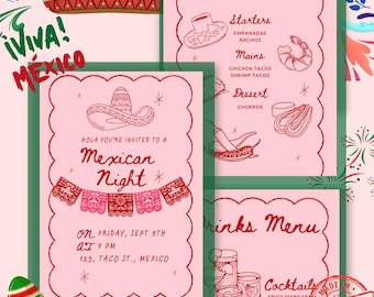 Mexican Night Inspired Invitation Dinner & Drinks Menus, Themed Dinner ...