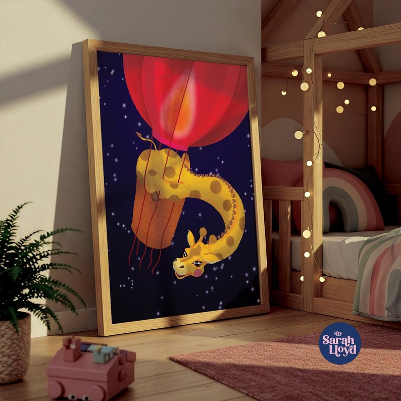 Giraffe Hot Air Balloon Night Sky Art | Whimsical Nursery Decor ...