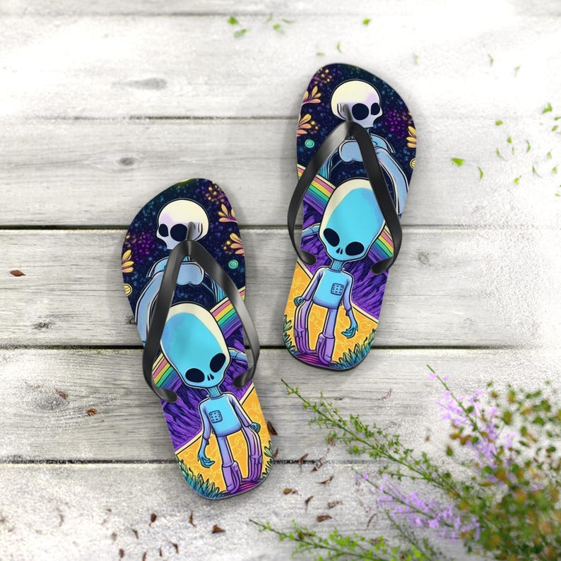 Flip Flops, Colorful Alien and Skull Design, Psychedelic Beach Sandals ...