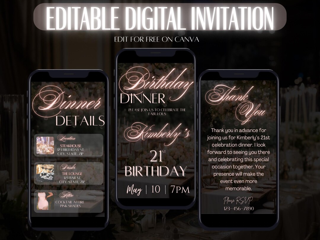 Editable Elegant Birthday Dinner Template for Her - Canva Editable - Etsy