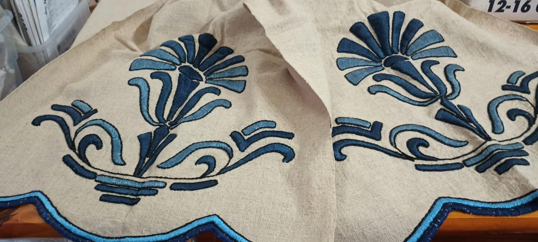 Vintage Arts & Crafts Blues Embroidered Runner on Linen, Mission Era ...