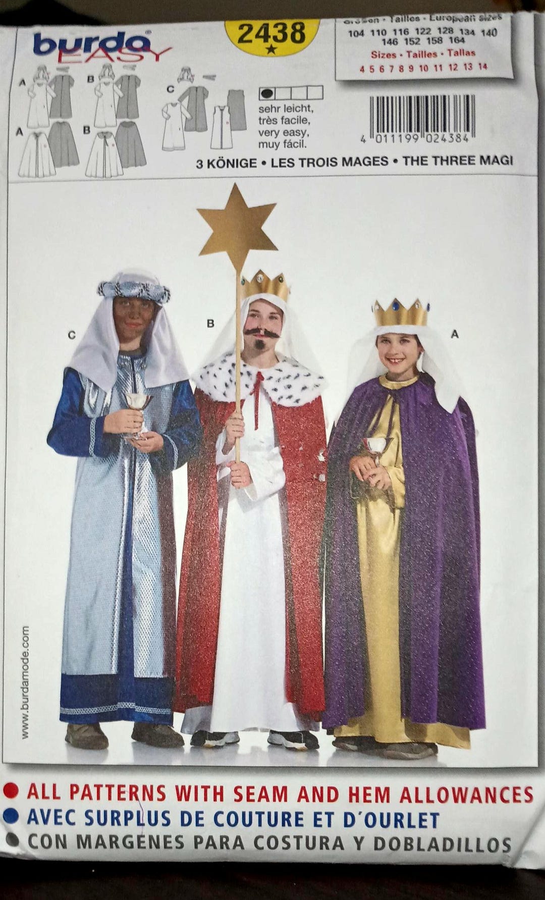 Burda 2438 Three Kings Costume Pattern, Magic, Wise Men, Gowns, Cape ...