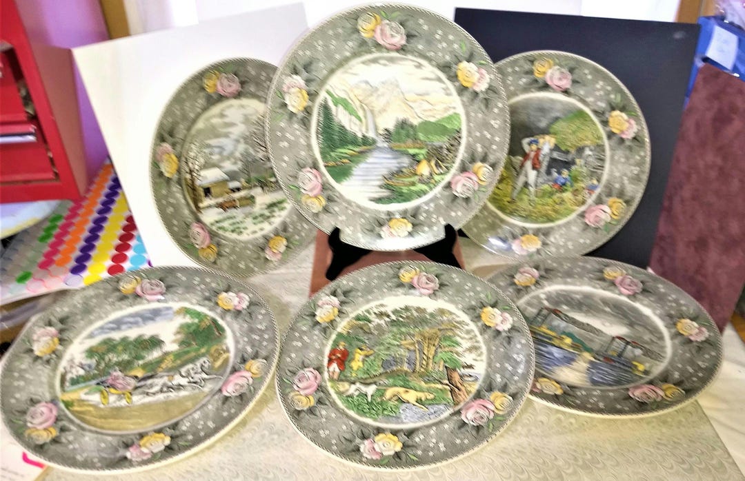 Lithograph Adams Currier Dinner Plates 6pc, Yosemite, Stars of the Road ...