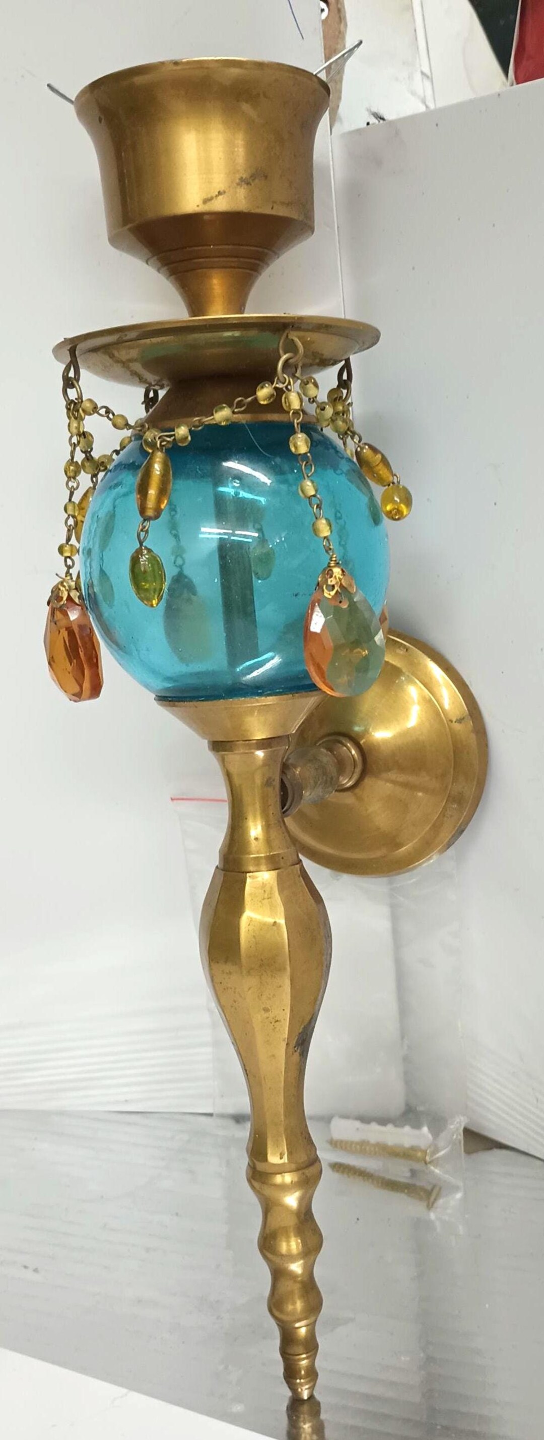 Scepter Candle Sconce Heavy Brass & Glass Wall Mount, Boho Decor, Bead ...