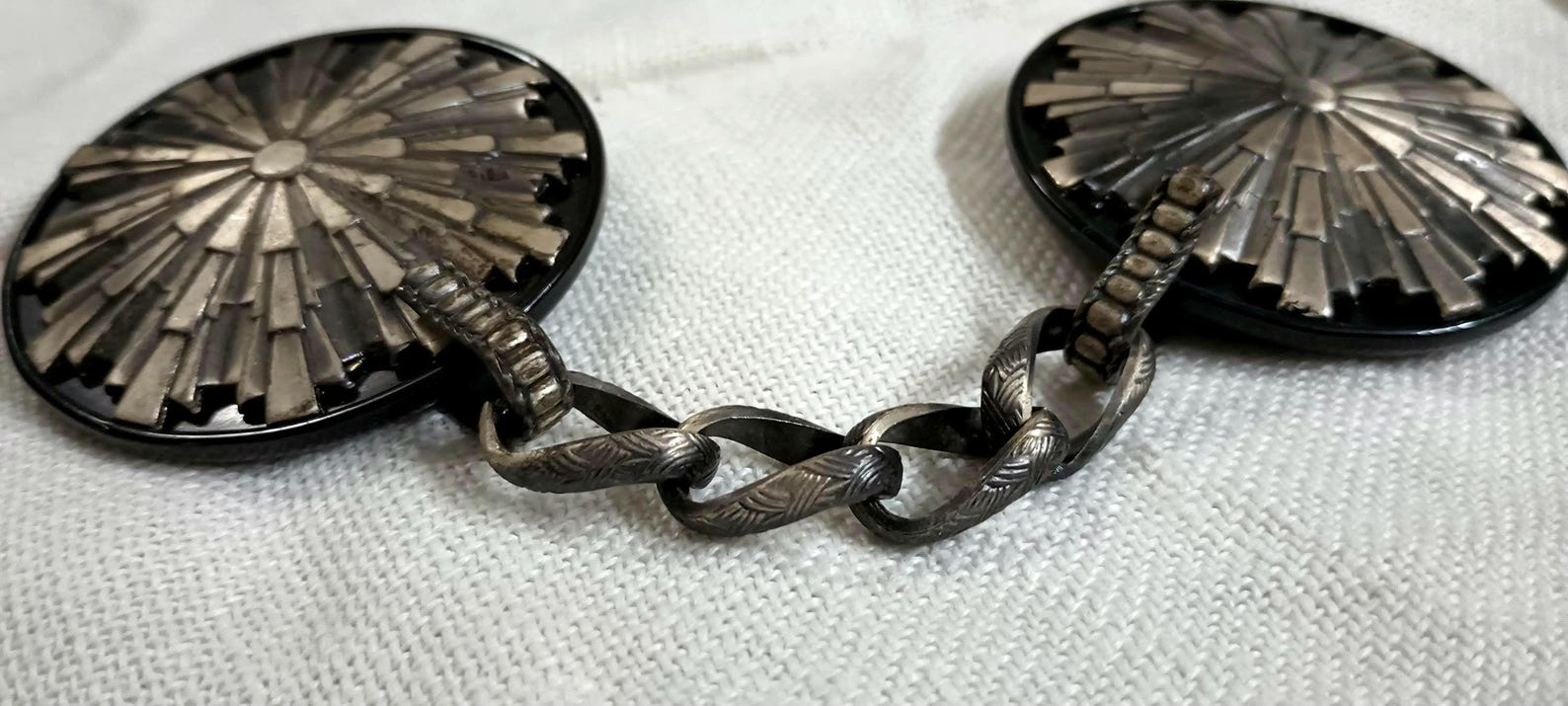 Antique Cloak Buckle Set With Chain, Huge Bakelite and Metal With ...