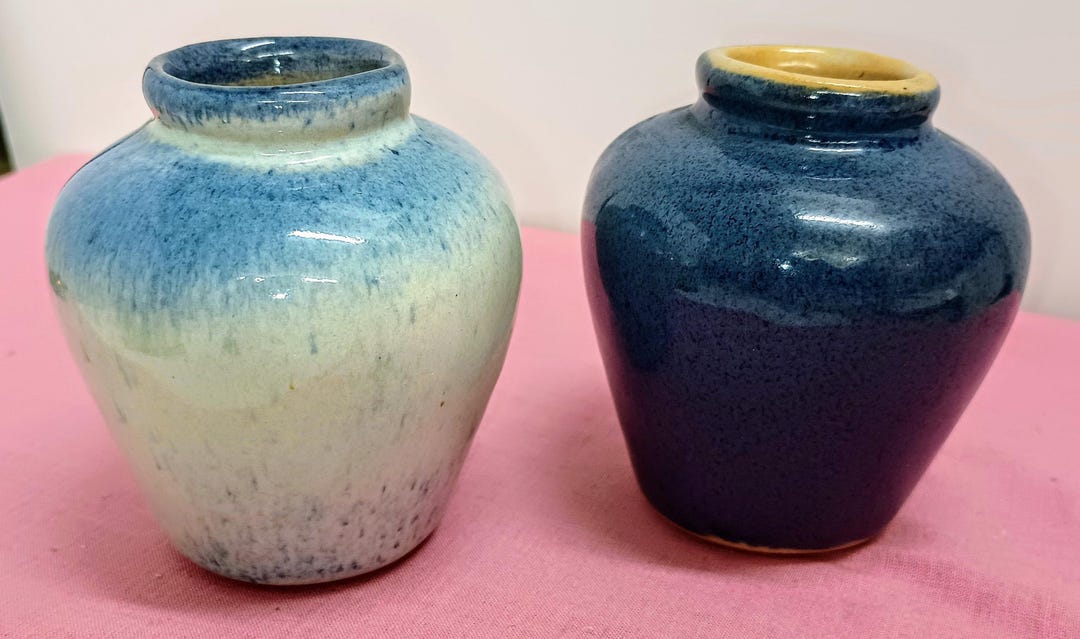 Pair Vintage Dryden Pottery Bud Vases Speckle Hombre, Washed Blue Denim ...