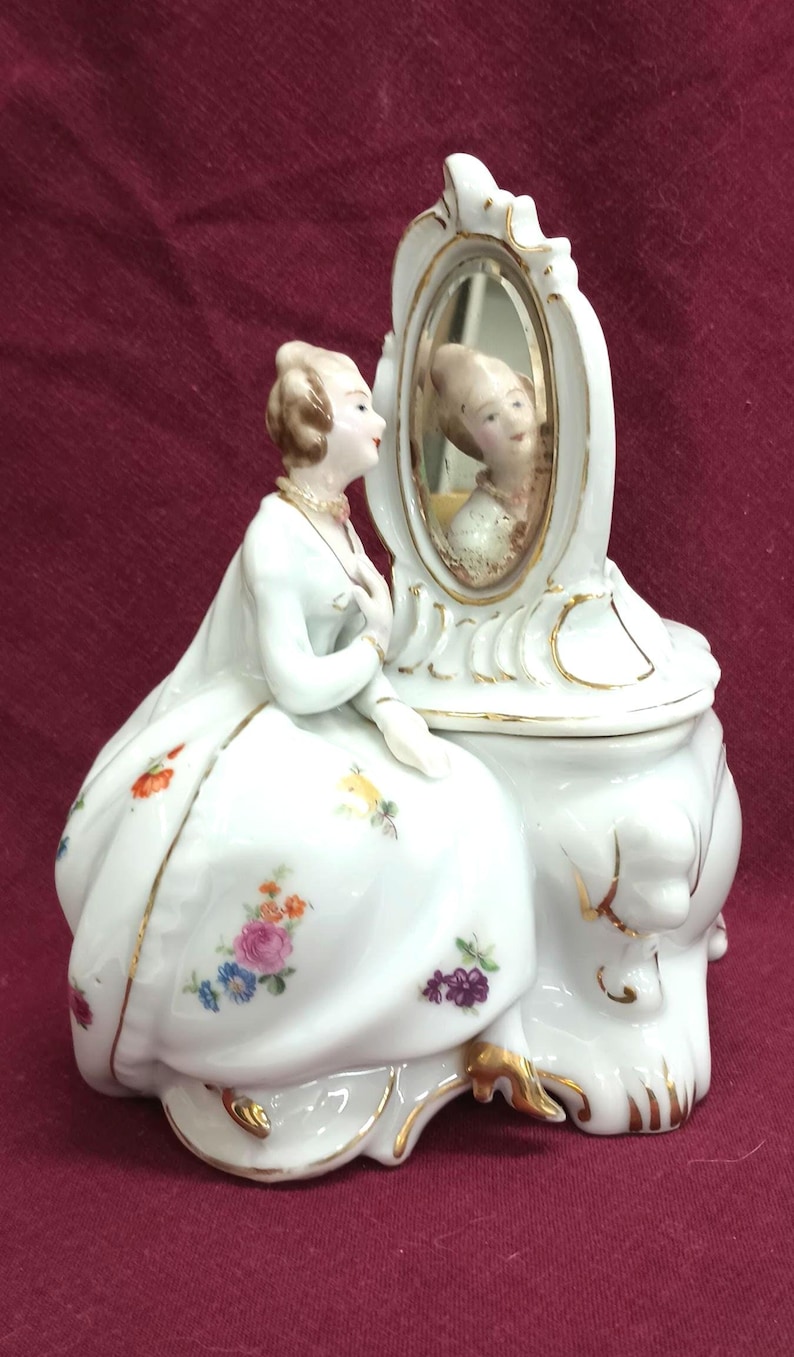 Vintage Porcelain Lady at the Vanity Figural Jewelry Trinket Box With ...
