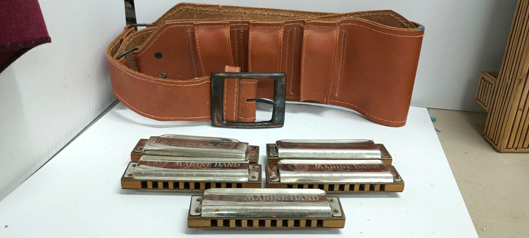 Vintage Harmonica Belt With 5 Marine Band & Blues Sharp Harmonicas ...