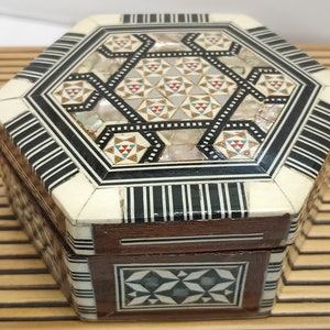 Vintage Trinket Box Inlay Abalone Bone Marquetry Hexagon Jewelry #J263 ...