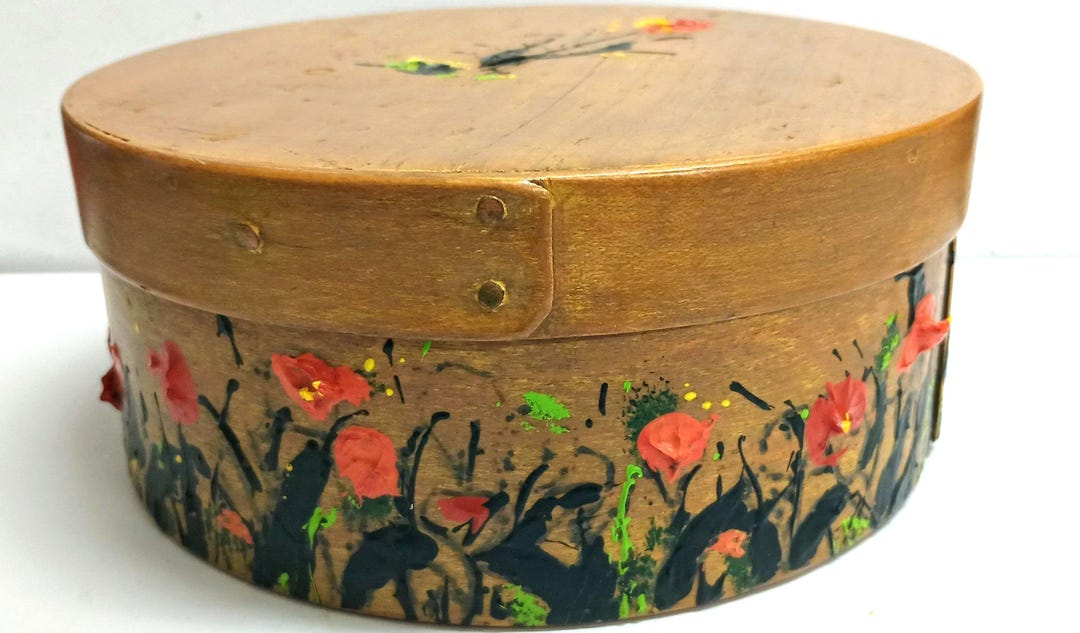 Vintage Wooden Cheese Box Oil Daub Poppies, Hand Painted, Signed KC # ...