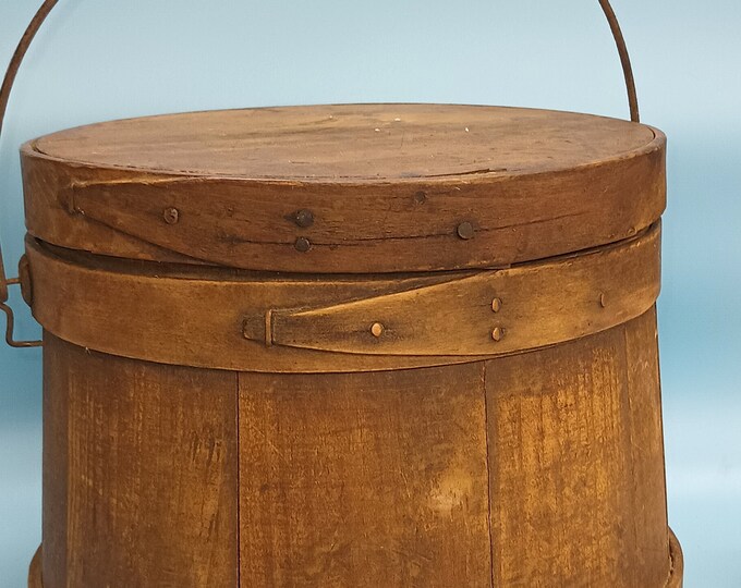 Antique Primitive Wooden Bucket W Lid, Wrapped Staves, Copper Brads ...