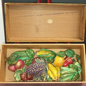 Vintage Boxed Set Chalkware Miniature Fruits Vegetable W Hangers Mid ...