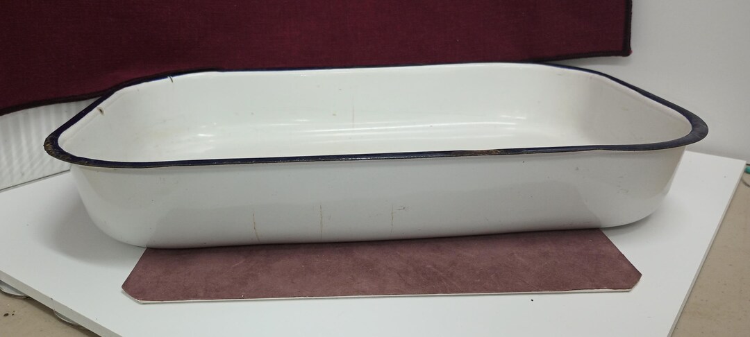 Vintage Enamelware Baking Pan 12x8 White Blue, Artist Painters Tray ...