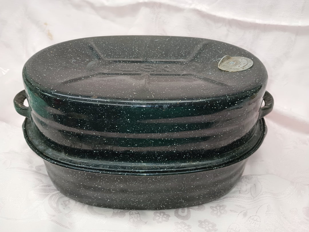 Enamelware Large Turkey Roasting Pan W Lid Vintage LISK Oval, Adj Vent ... Enamelware Large Turkey Roasting Pan W Lid Vintage LISK Oval, Adj Vent ...
