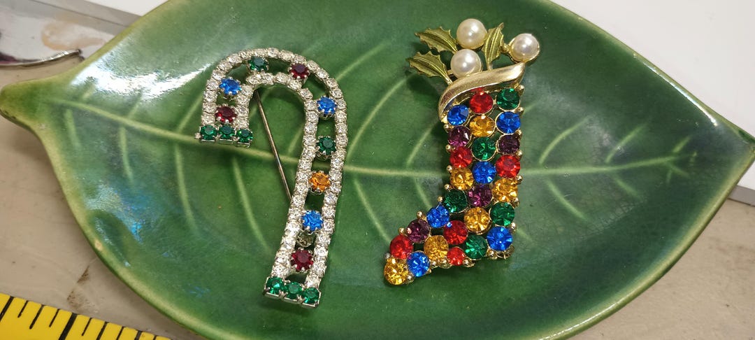 Pair Colorful 60-70's Christmas Pins, Stocking and Candy Cane, Vintage ...