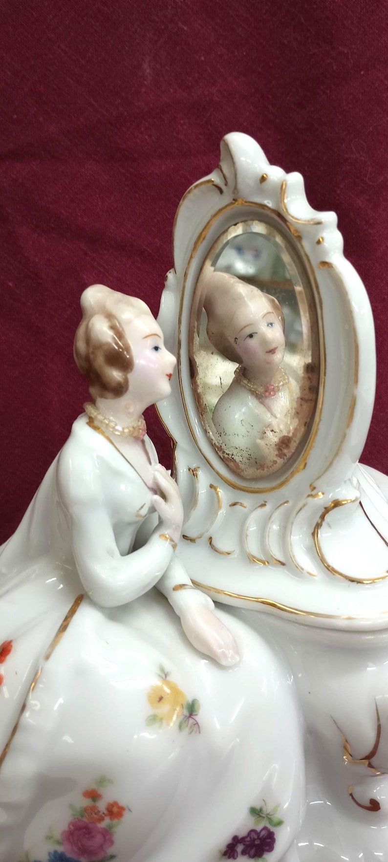 Vintage Porcelain Lady at the Vanity Figural Jewelry Trinket Box With ...