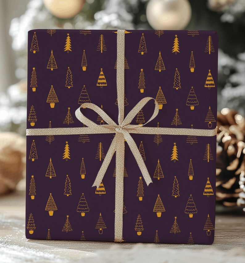 Classic Dark Purple and Gold Glitter Christmas Tree Wrapping Paper ...