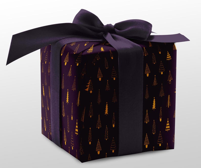 Classic Dark Purple and Gold Glitter Christmas Tree Wrapping Paper ...