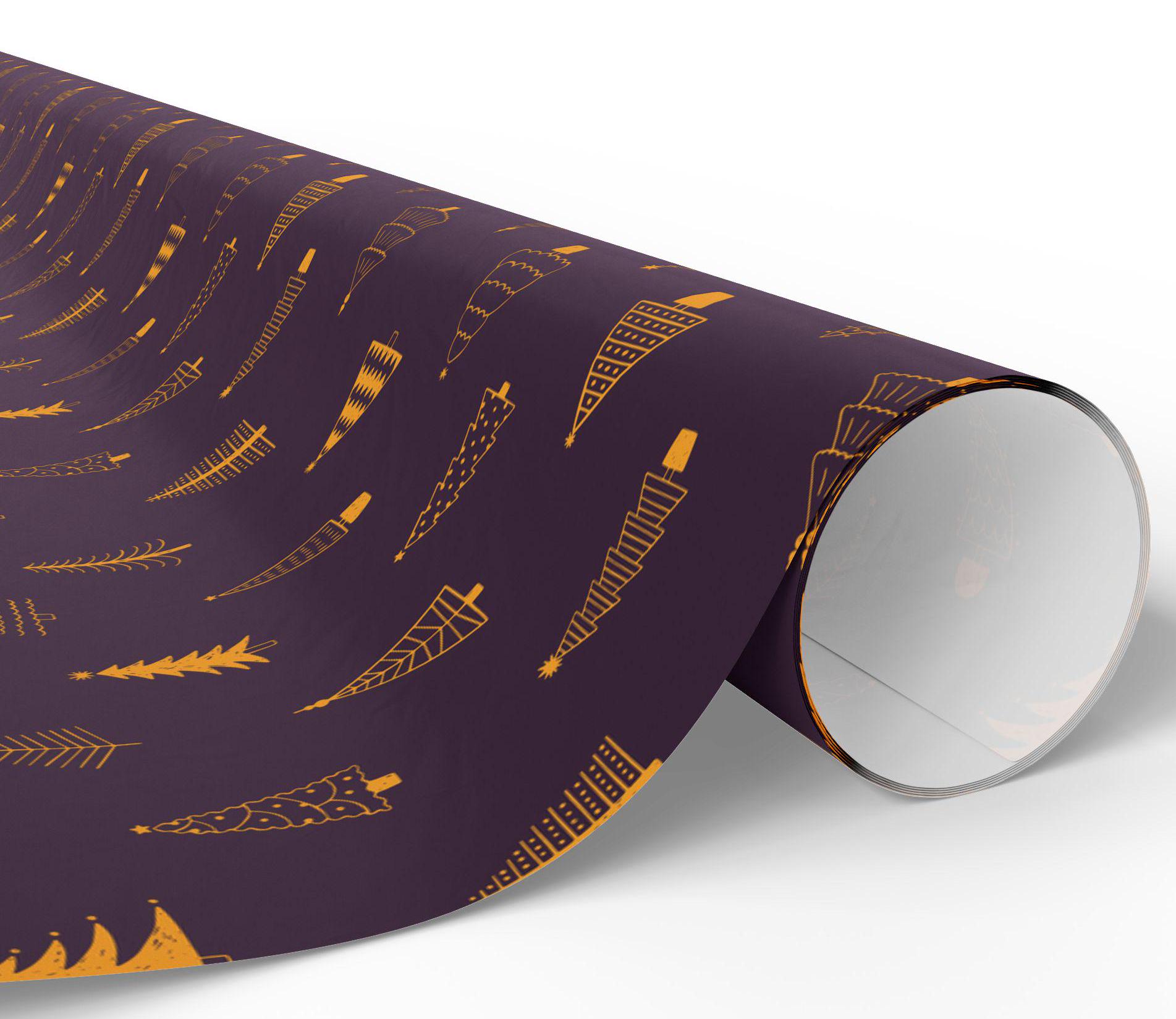 Classic Dark Purple and Gold Glitter Christmas Tree Wrapping Paper ...