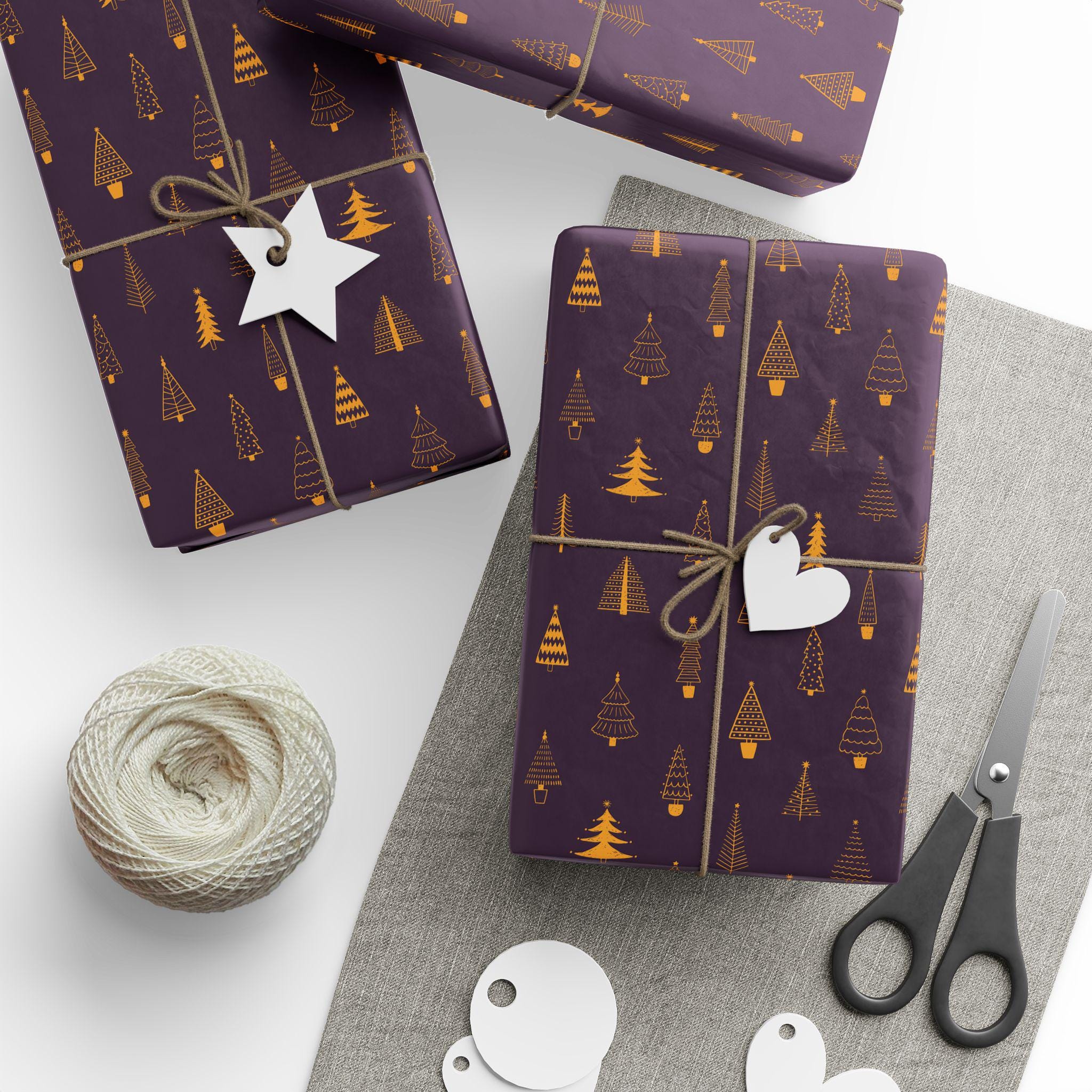 Classic Dark Purple and Gold Glitter Christmas Tree Wrapping Paper ...