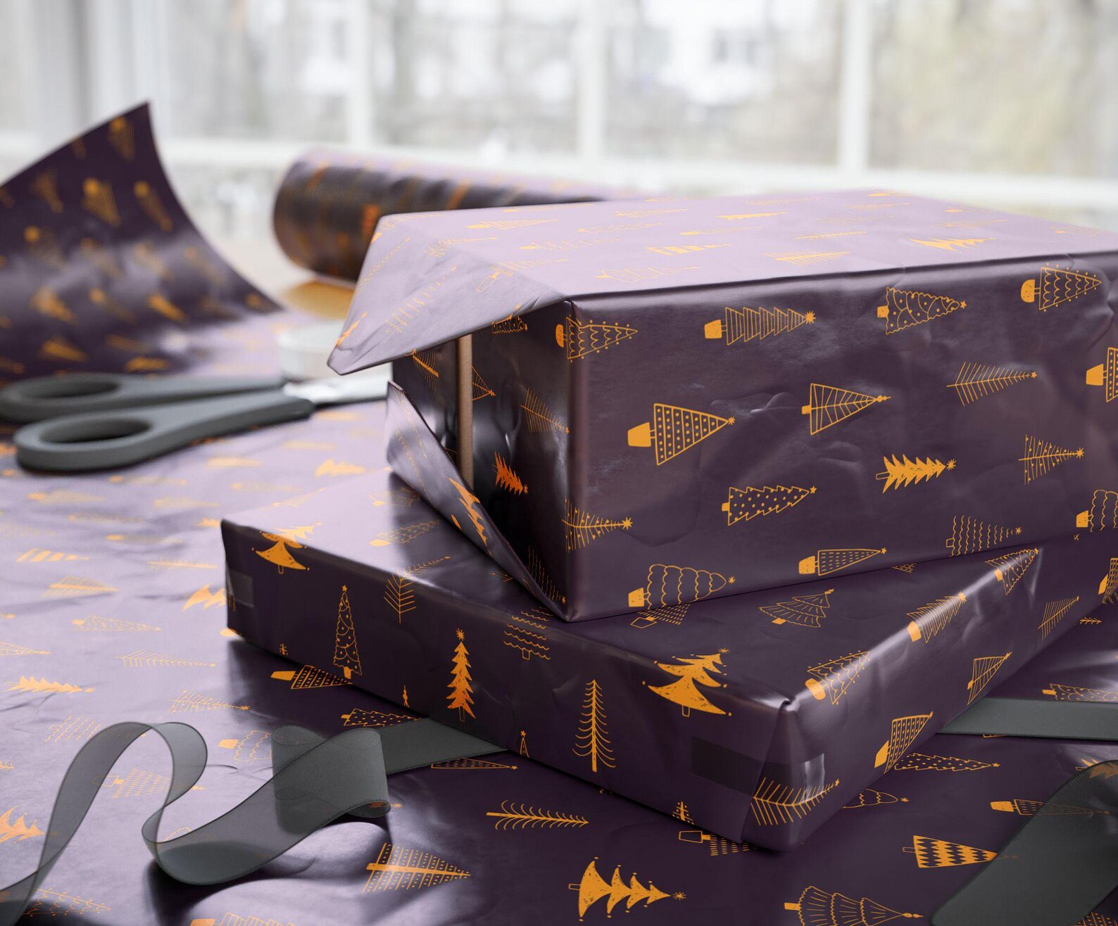 Classic Dark Purple and Gold Glitter Christmas Tree Wrapping Paper ...