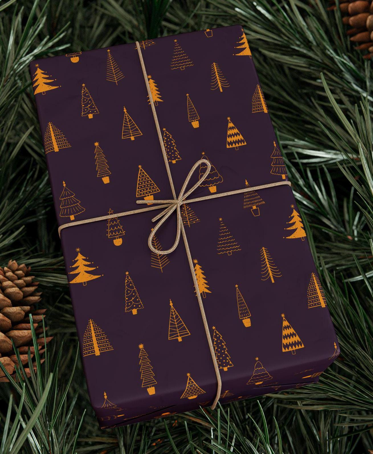Classic Dark Purple and Gold Glitter Christmas Tree Wrapping Paper ...