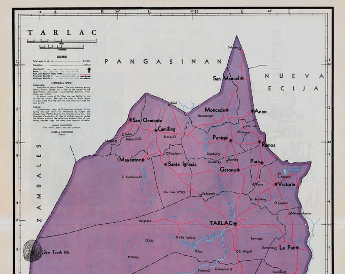 1959 Large Vintage Map of Tarlac Province, the Philippines - VERY RARE ...