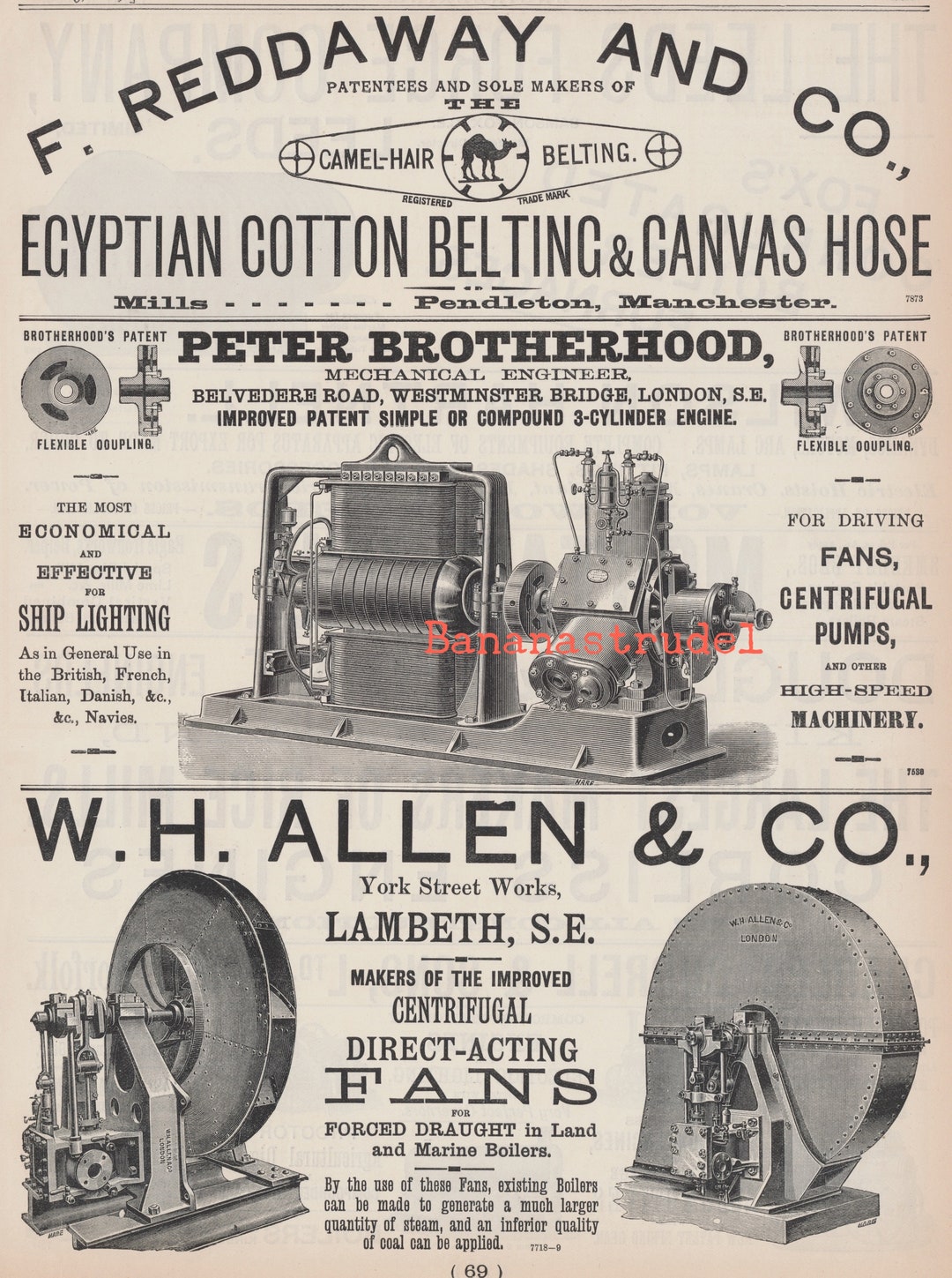 Page of Antique Advertisements for Egyptian Cotton Belting, Centrifugal ...