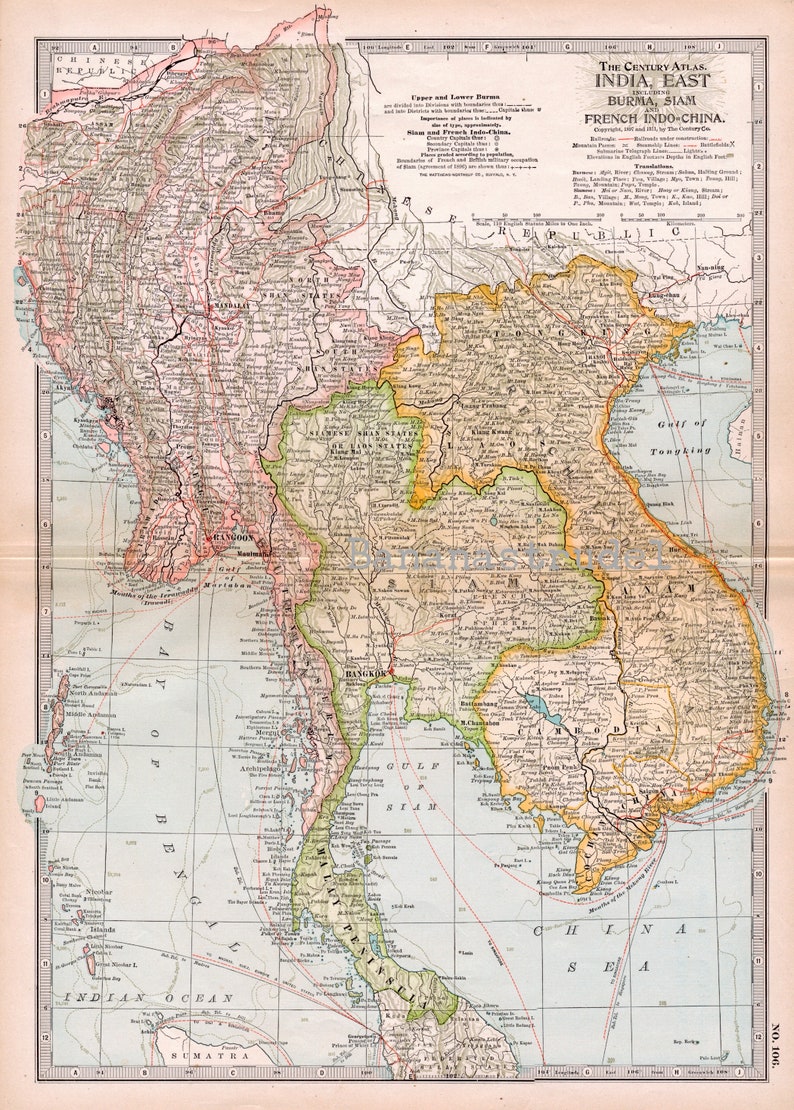 Antique Map of India, Eastern Part - Burma (myanmar) - Siam (thailand ...