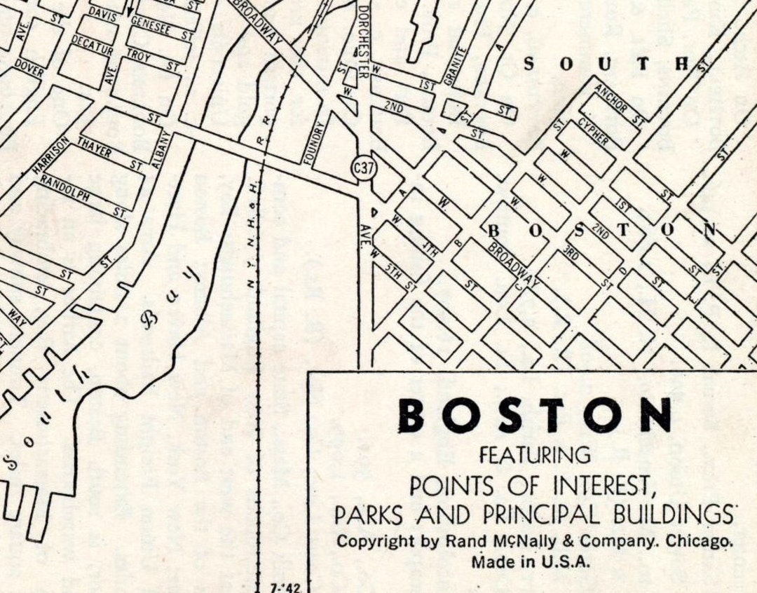 Vintage of Boston, Massachusetts 1942 Antique Map Black and White City ...