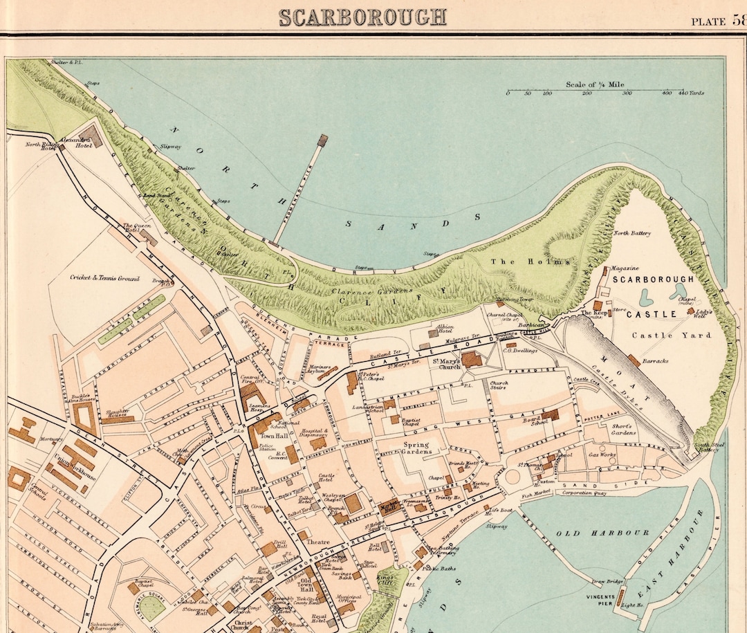 Antique Map of Scarborough, North Yorkshire, UK - 1898 Large Vintage ...