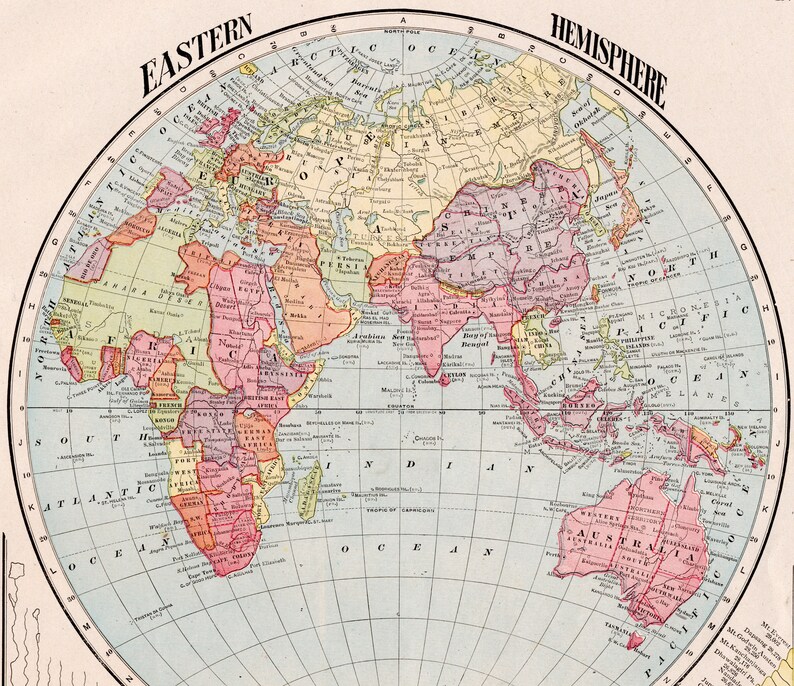 Antique Illustrated Map of the World - Eastern Hemisphere - 1906 Map ...