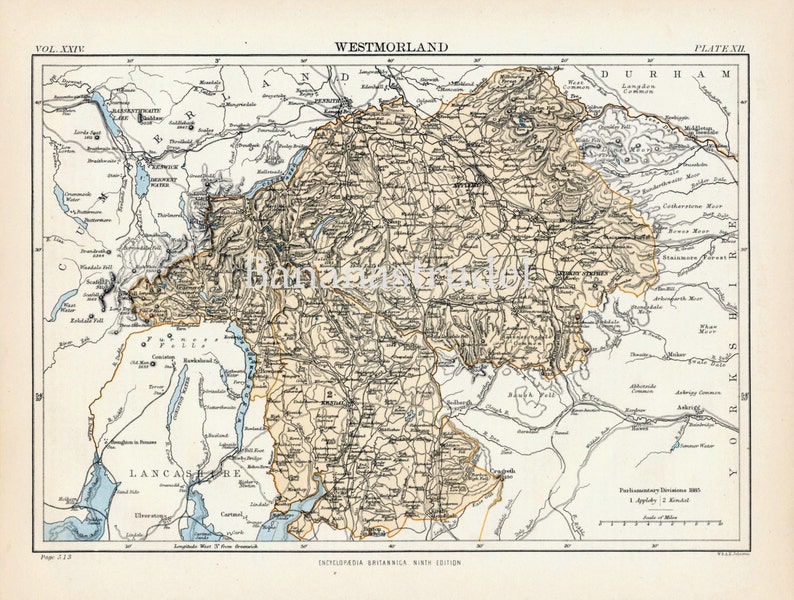 1879 Antique Map of Westmorland the UK In Pastel Colours | Etsy