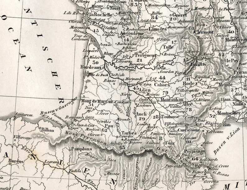 1860 German Vintage Map of France Black and White | Etsy